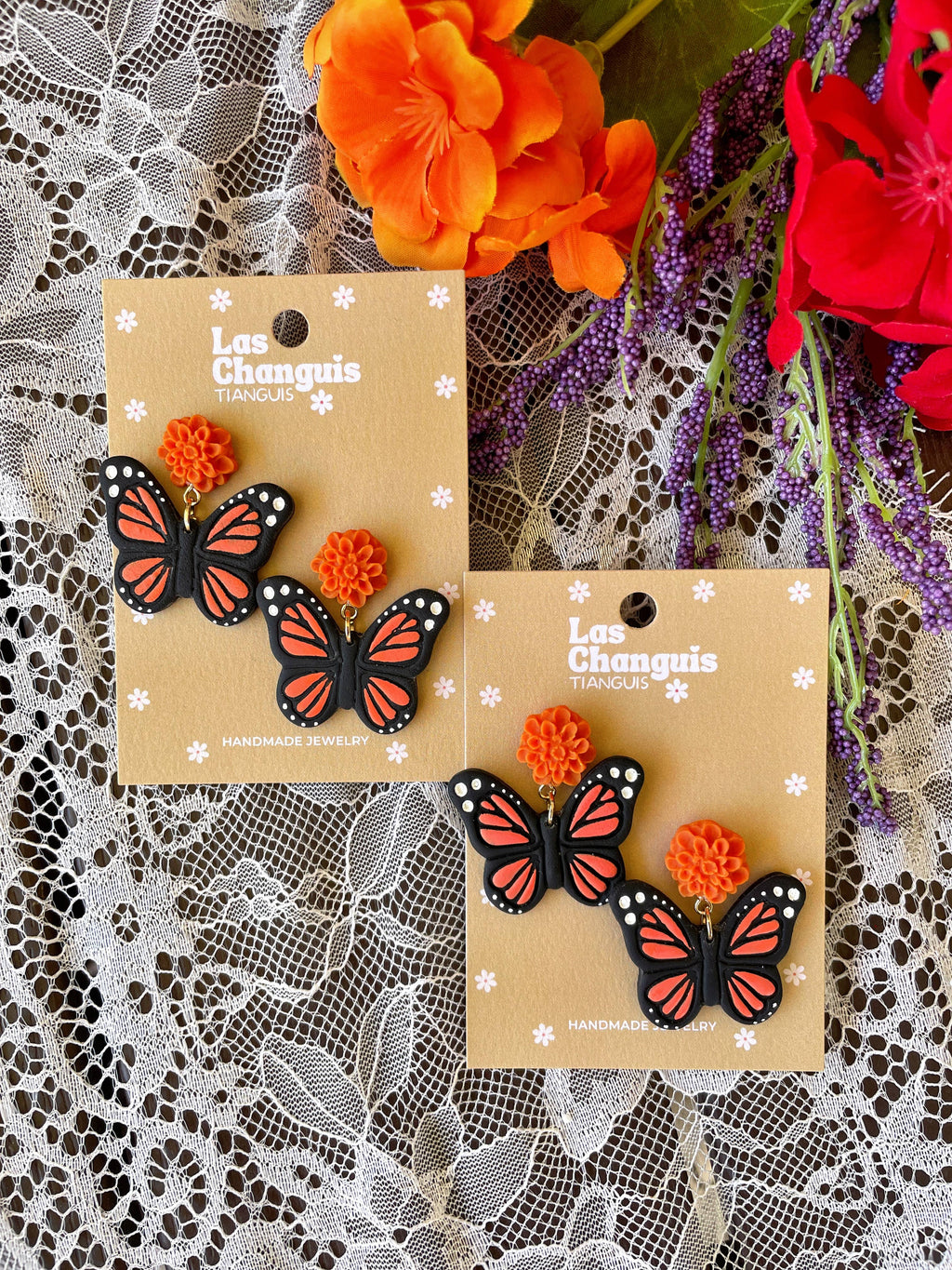 Monarch Butterfly Earrings with Cempasuchil Flowers - Day of the Dead ...